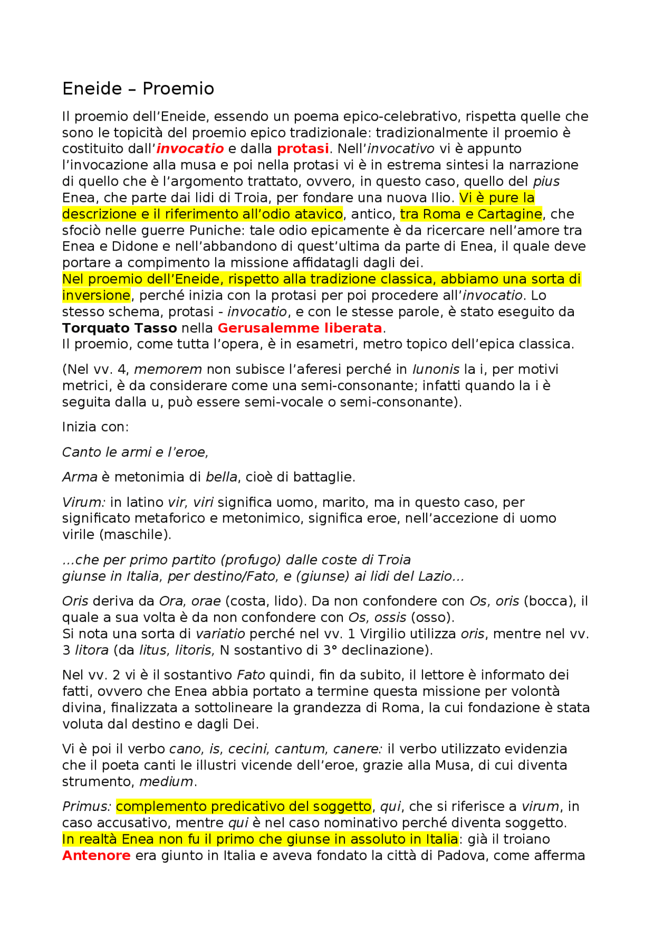 Latino - Virgilio: Proemio dell'Eneide - Docsity