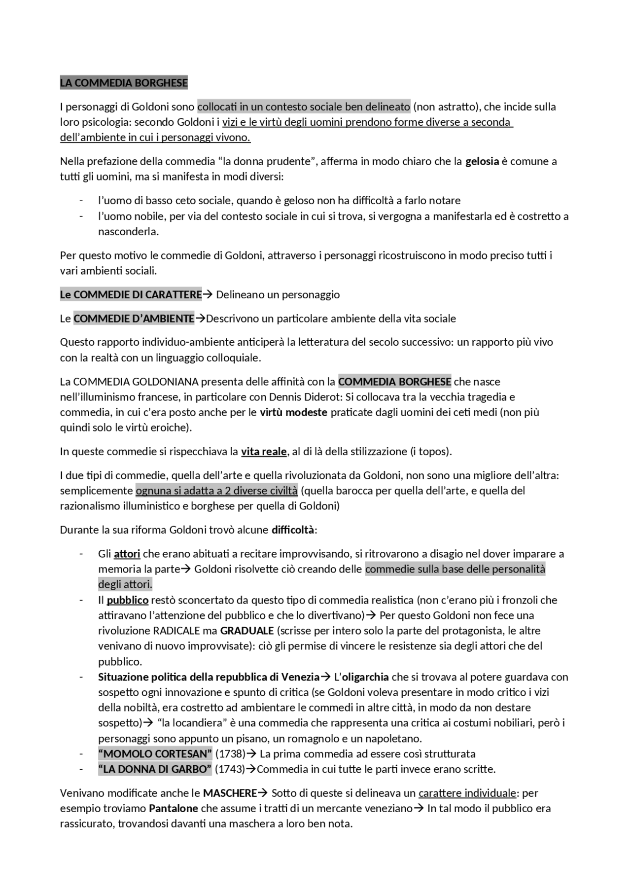 Appunti Riguardo La Commedia Borghese Docsity
