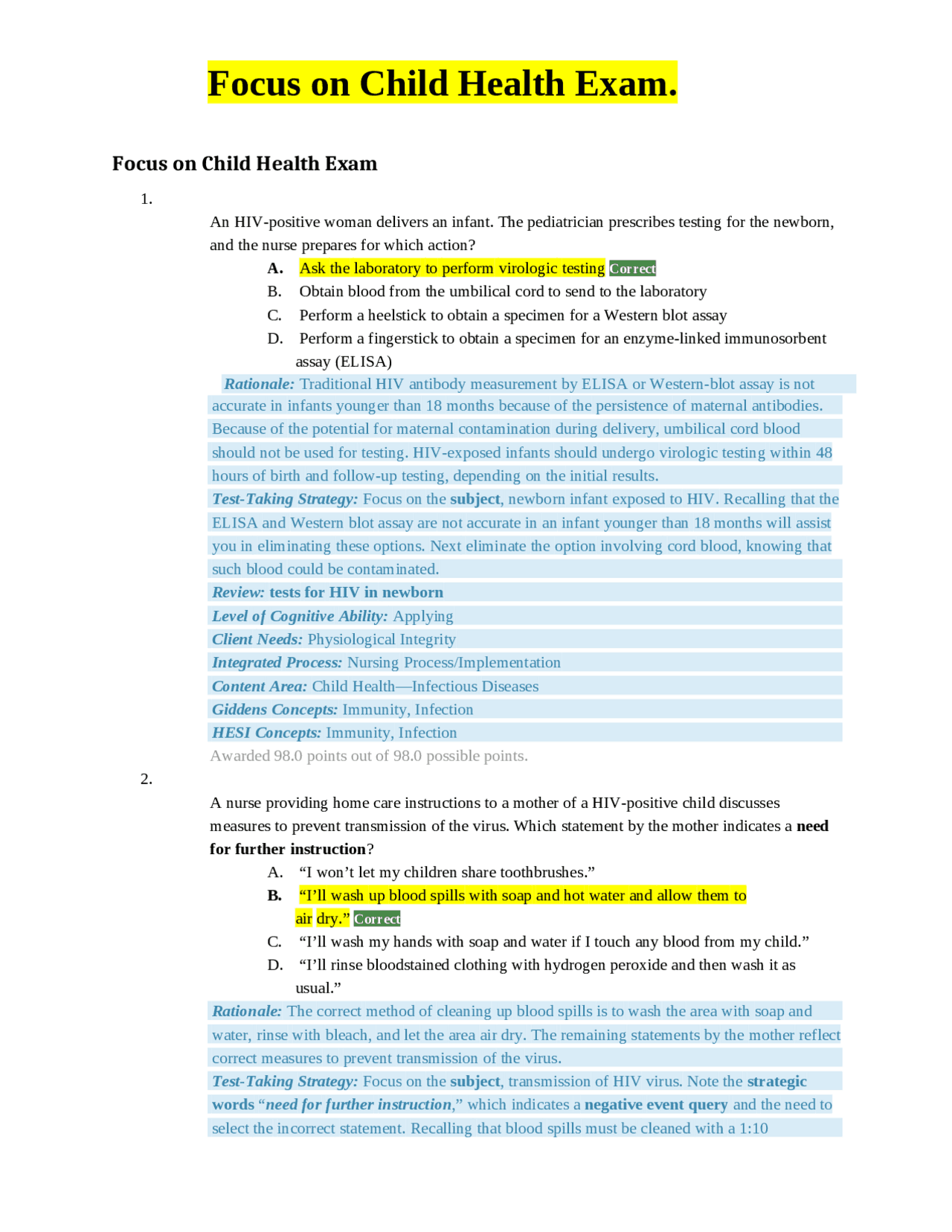NURS 318Focus on Child Health Exam , Questions And Answers Graded - Docsity
