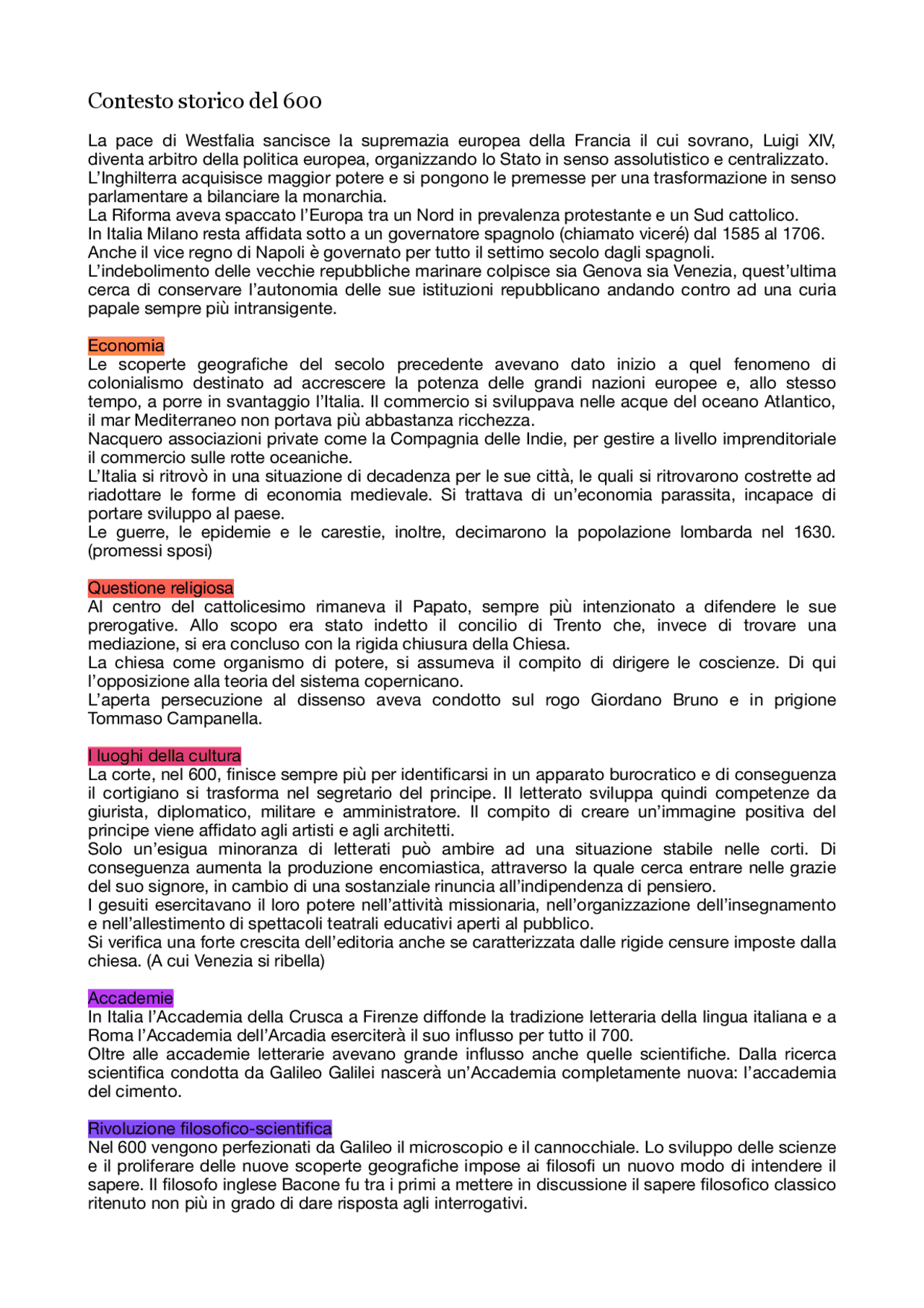 Contesto Storico Del 600 Docsity