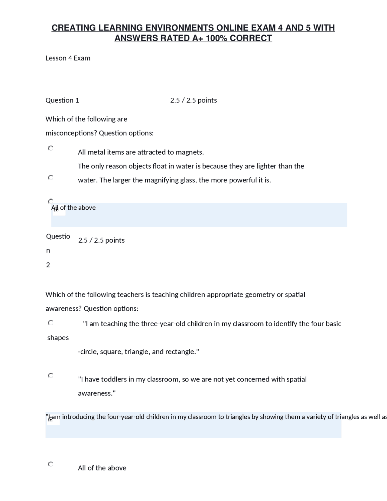 CREATING LEARNING ENVIRONMENTS ONLINE EXAM 4 AND 5 WITH ANSWERS RATED ...