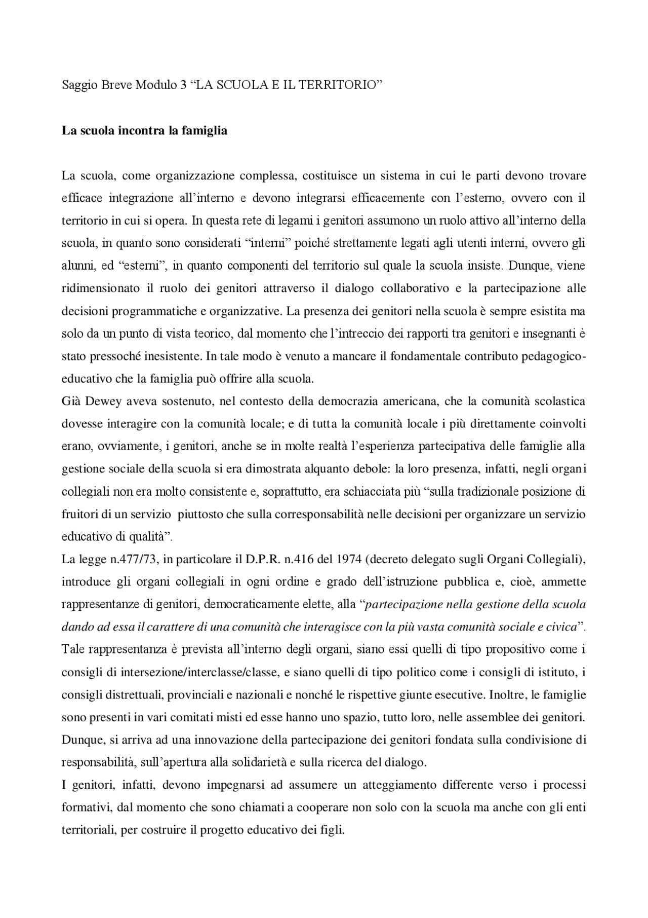 Saggio Breve Modulo 3 La Scuola E Il Territorio” Ass Mnemosine