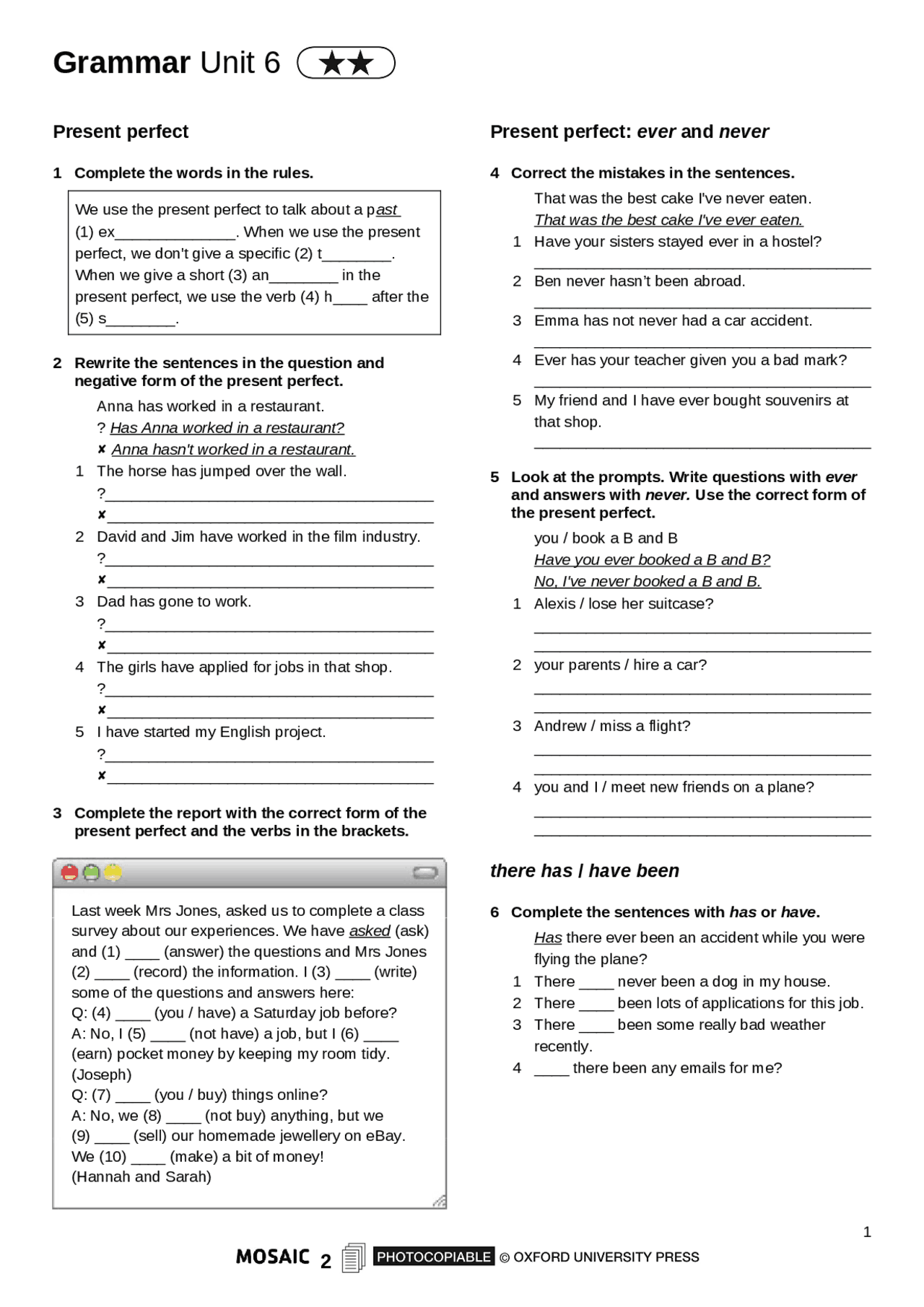 Present Perfect Grammar Exercise | Ejercicios de Inglés | Docsity