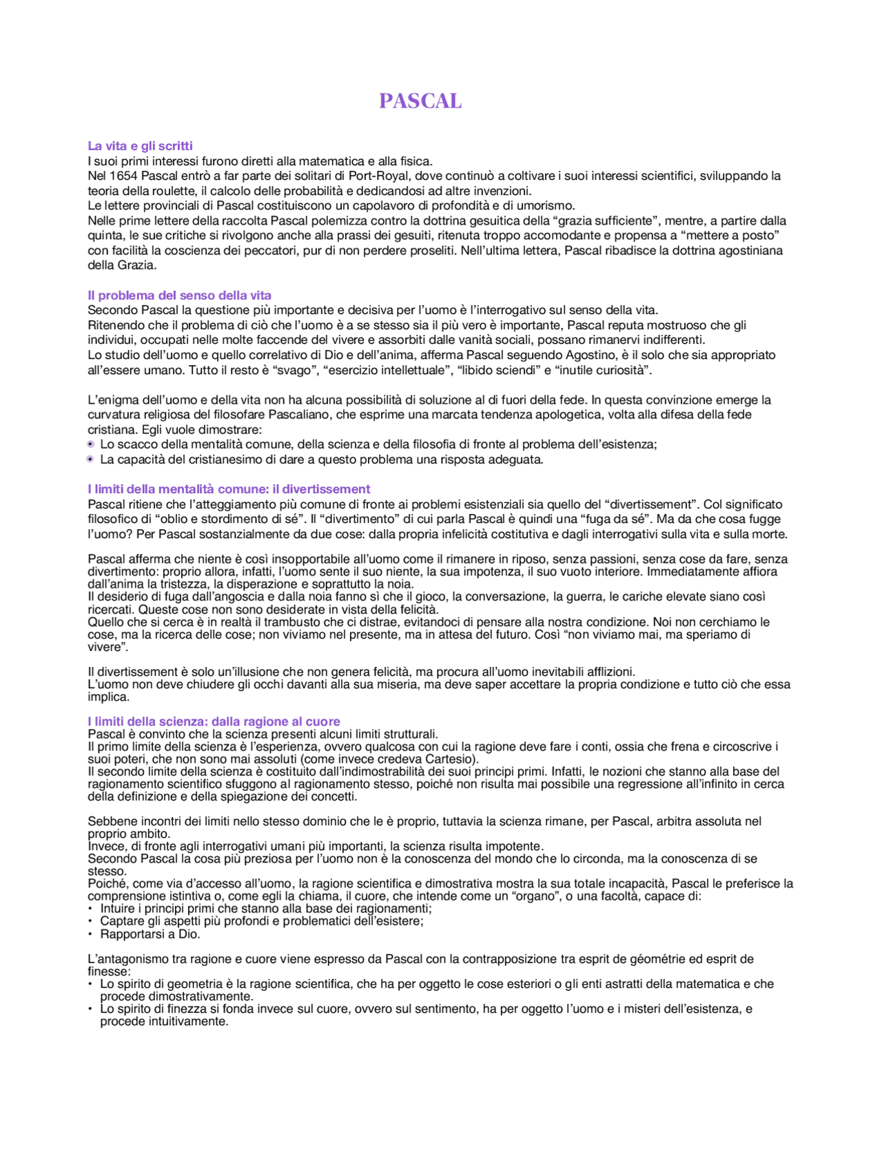 Sintesi Di Pascal Filosofia Docsity