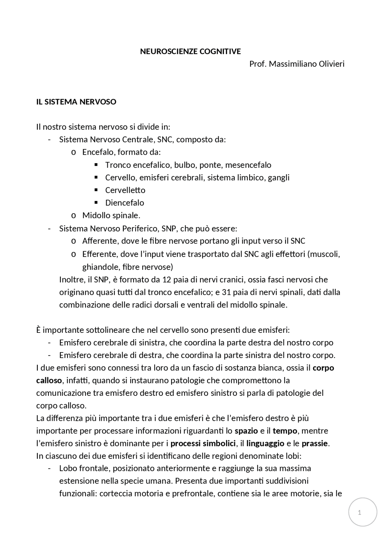 Neuroscienze Cognitive Sbobbine Docsity