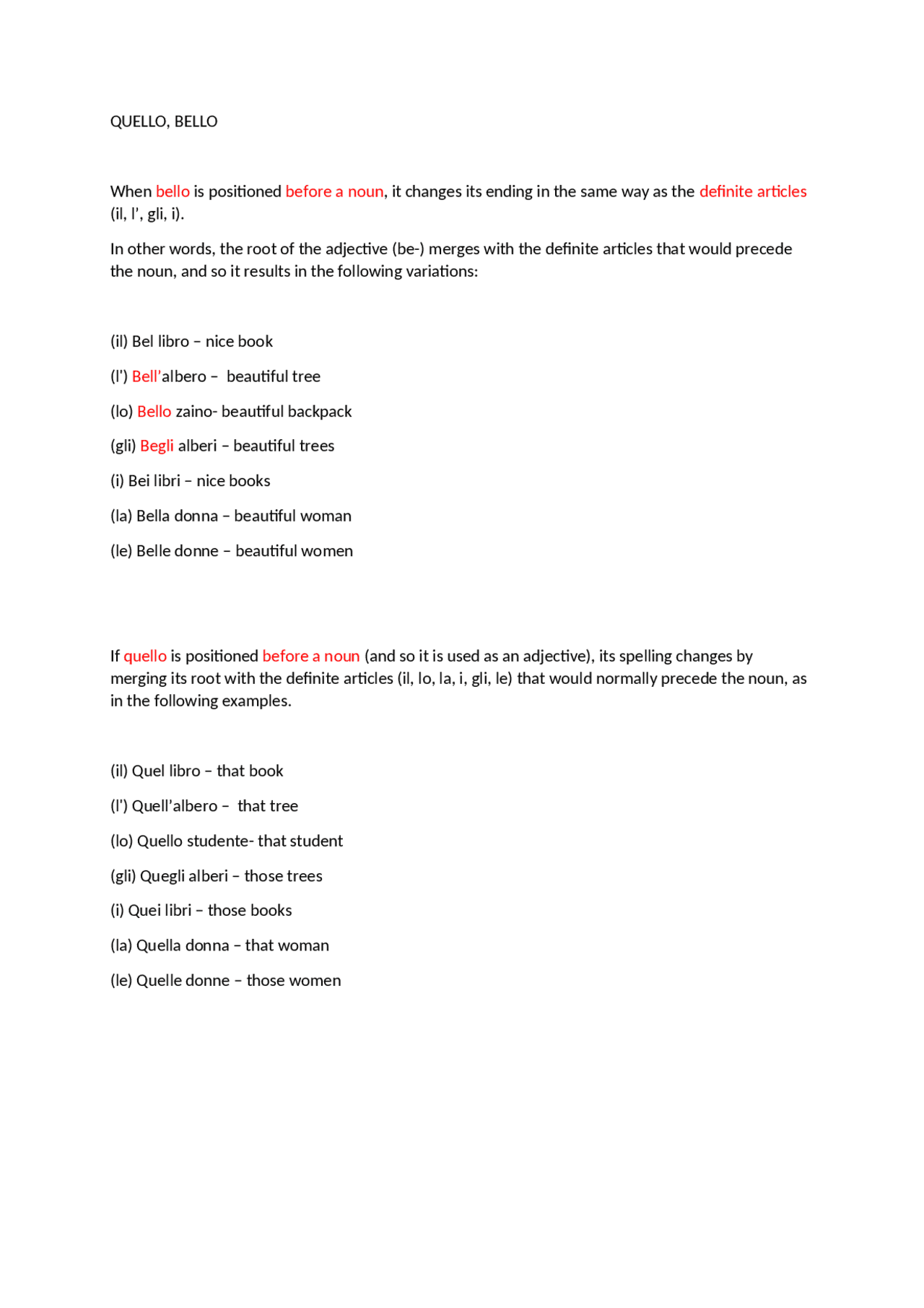 Uso di quello e bello nella lingua italiana | Vežbe' predlog ...