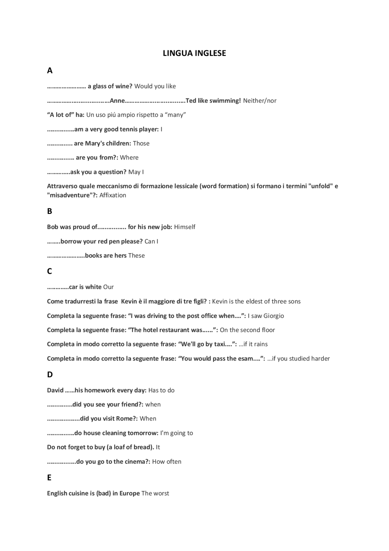 Esame Lingua Inglese Unipegaso Prove Desame Di Lingua Inglese Docsity