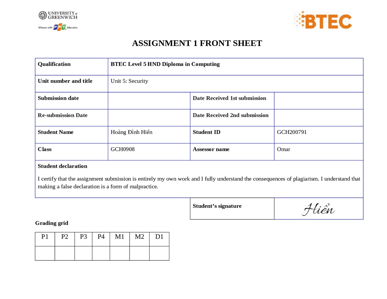 1_Unit 5 - Assignment 1 frontsheet.docx - Docsity