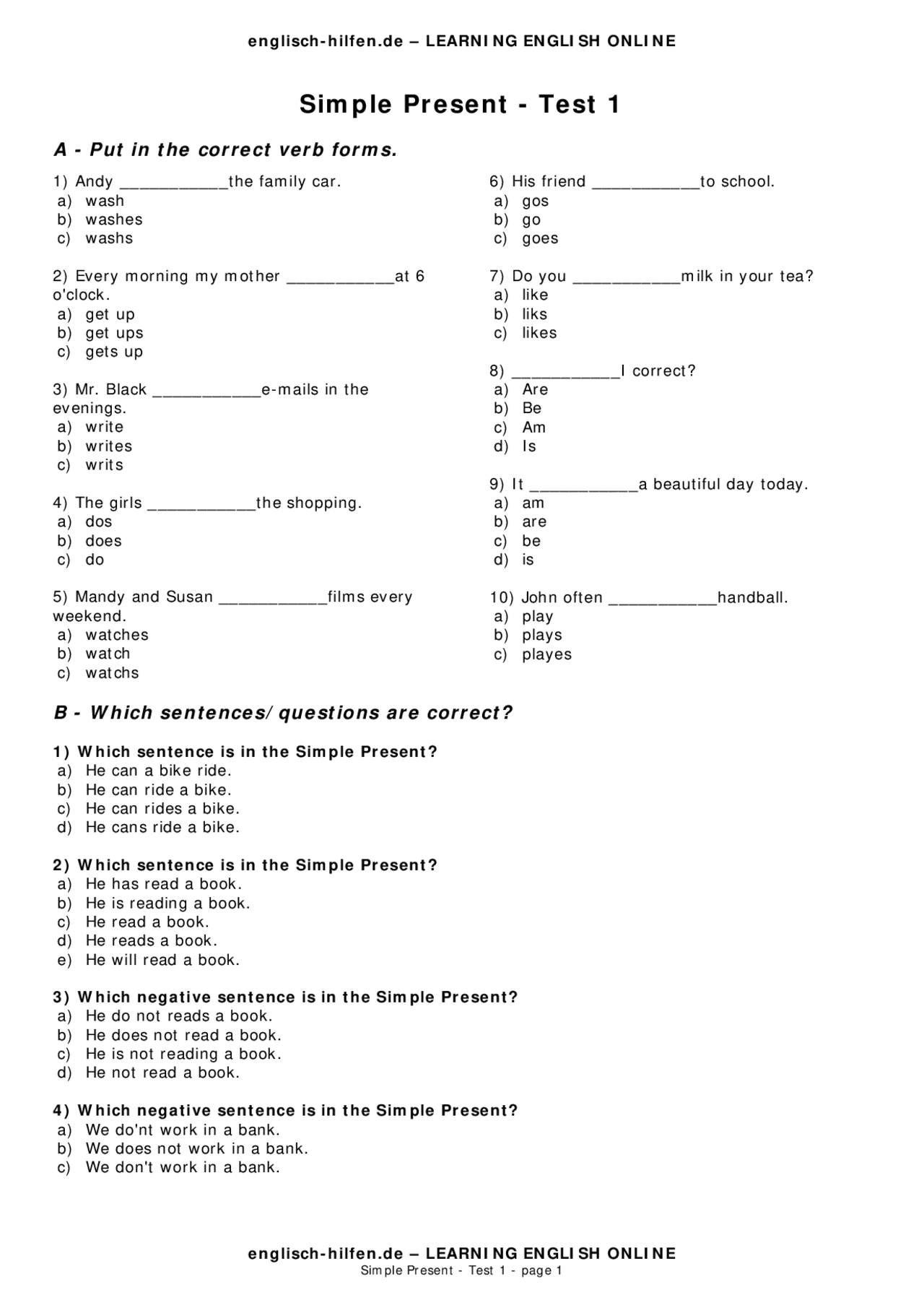 Presente simple en ingles - Docsity