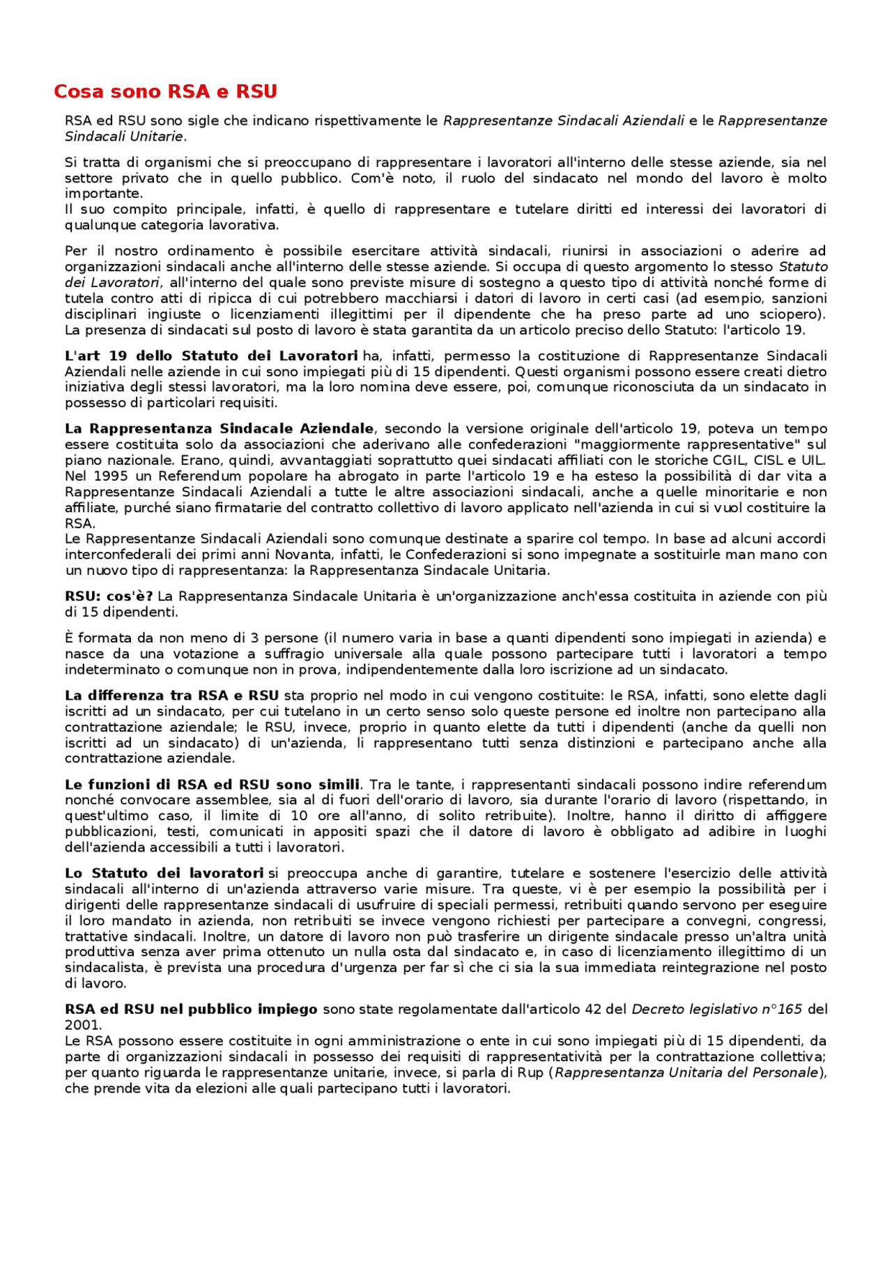 Le Rsa E Le Rsu Diritto Sindacale Docsity