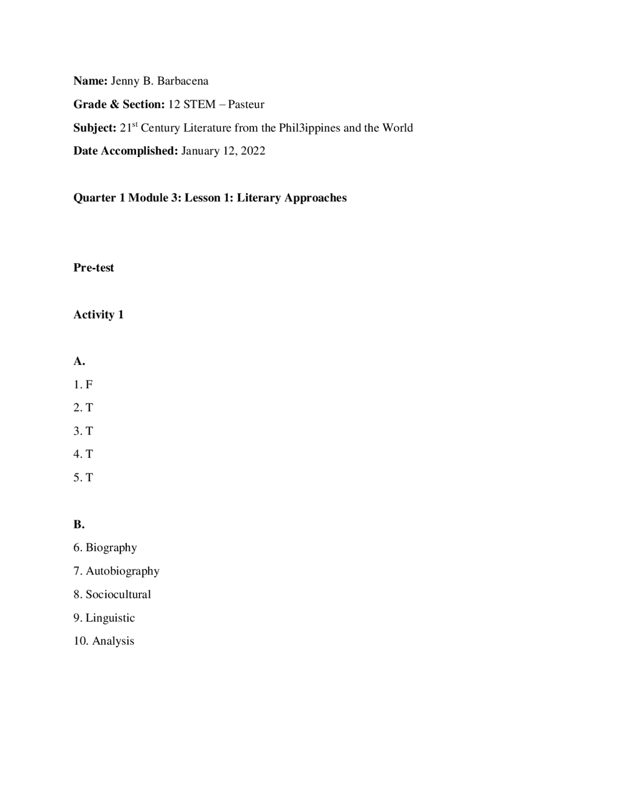 Quarter 1 Module 3: Lesson 1: Literary Approaches | Assignments English ...