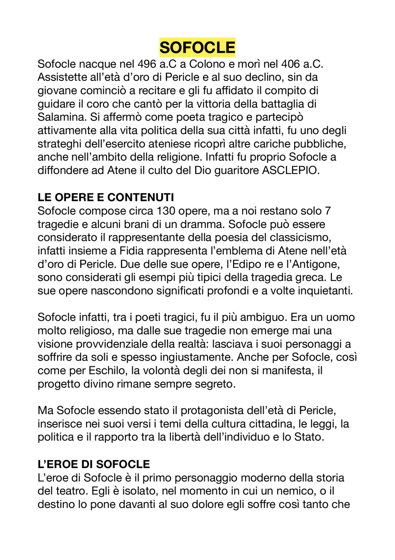 Letteratura greca: sofocle - Docsity