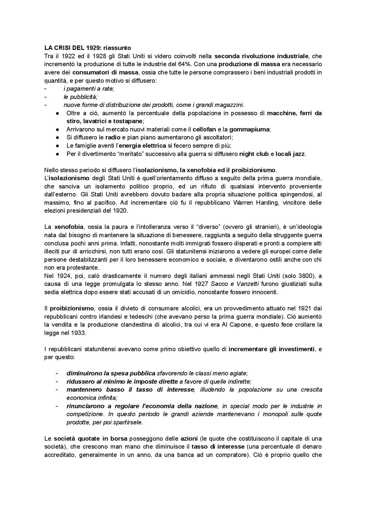 Appunti di Storia: La Crisi del '29 - Docsity