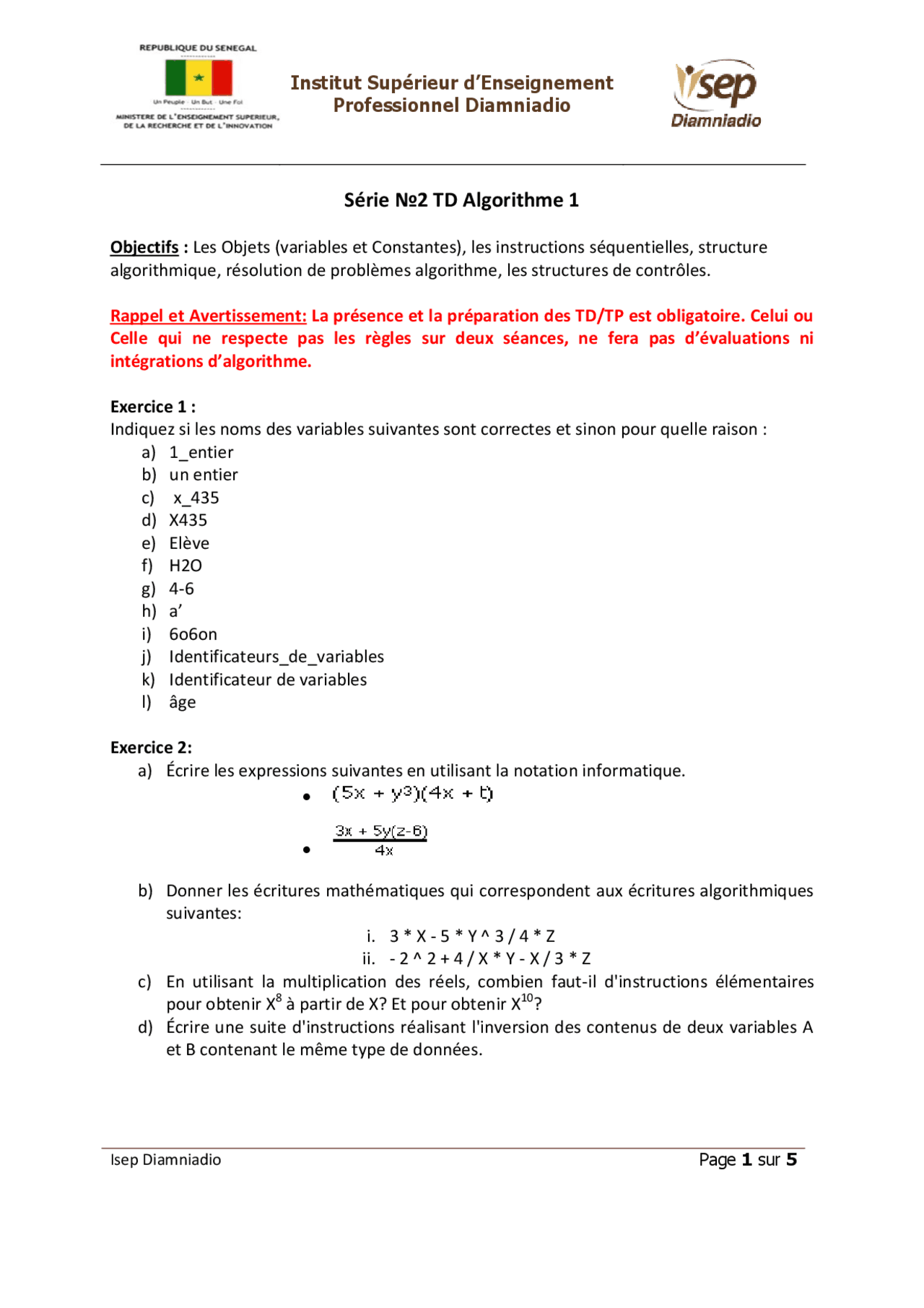 Exercices Dalgorithmes Et De Programmation En Pseudo Code Summaries