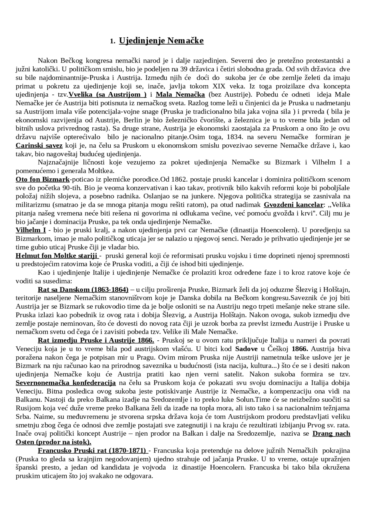 Ujedinjenje Nemačke Skripte Predlog Istorija Docsity
