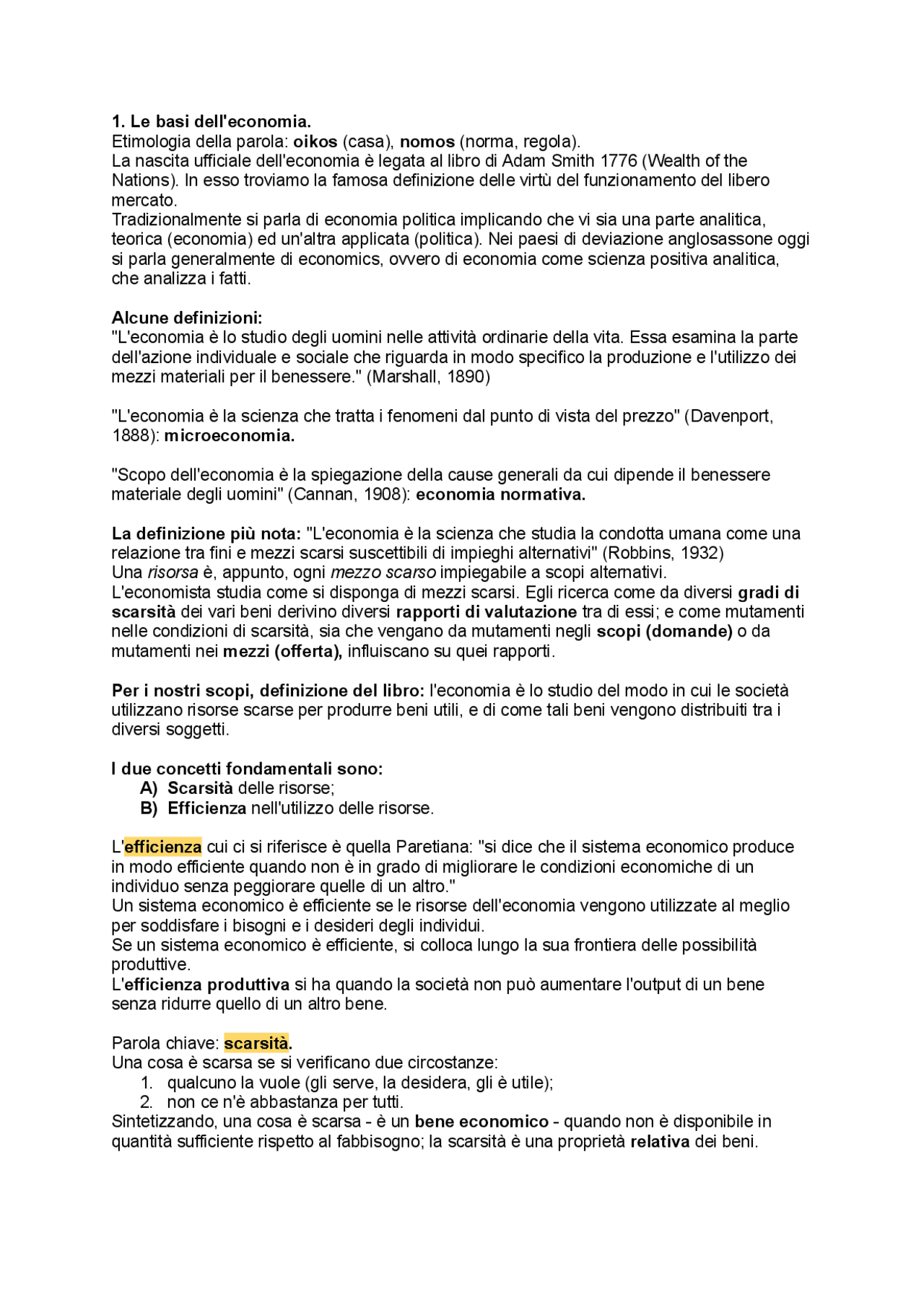 Le basi dell’economia - primo capitolo del manuale “Economia Politica” di Samuelson - Docsity