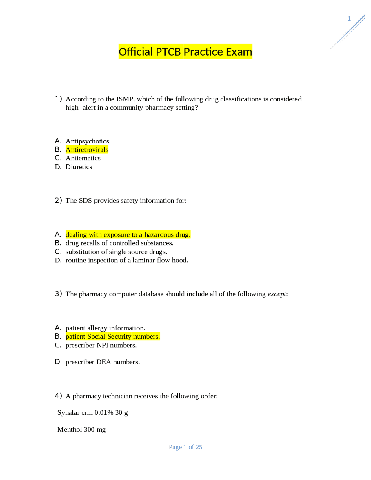 HCA 255>Official PTCB Practice Exam - Docsity
