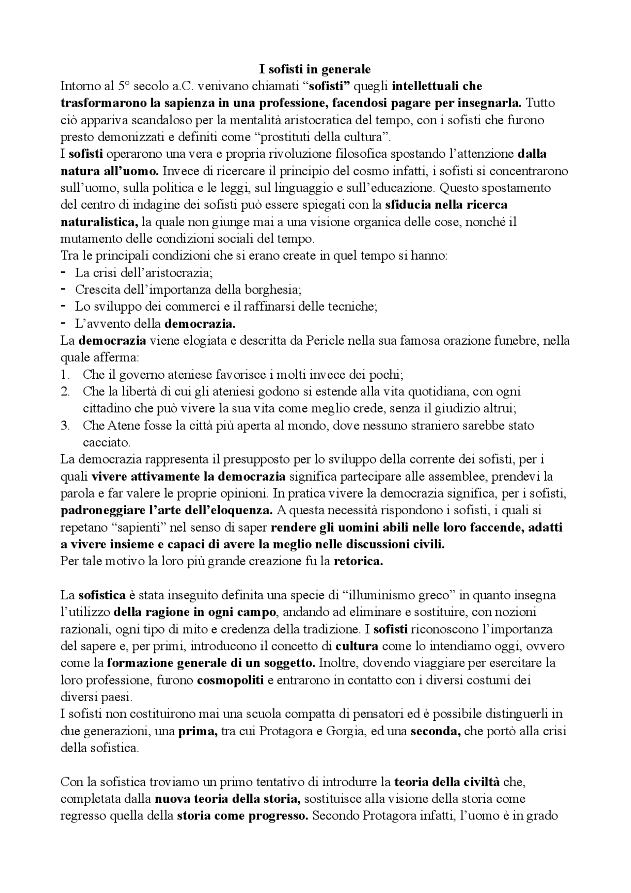 I sofisti in generale, Protagora e Gorgia - Riassunto completo - Docsity