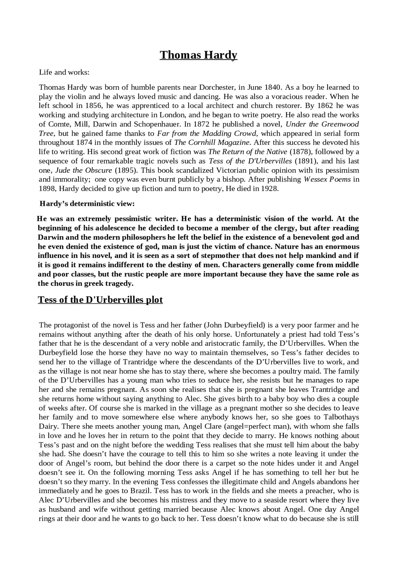 Thomas Hardy Life and works - Docsity