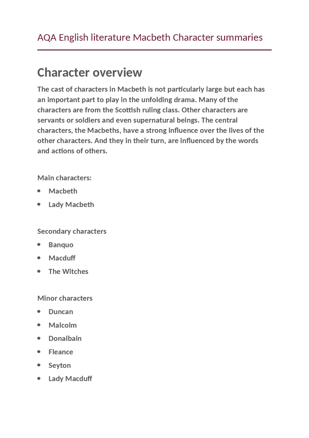 AQA English literature Macbeth Character summaries | Summaries English ...