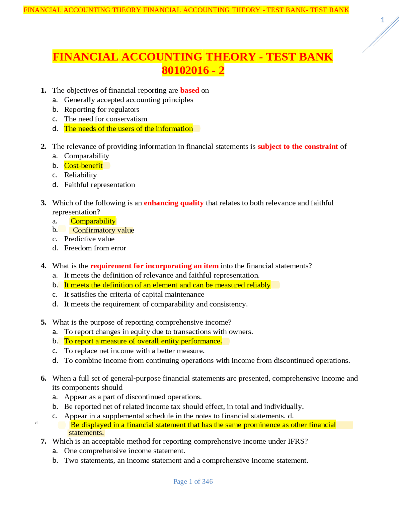 FINANCIAL ACCOUNTING THEORY - TEST BANK (Complete Question & Answers ...