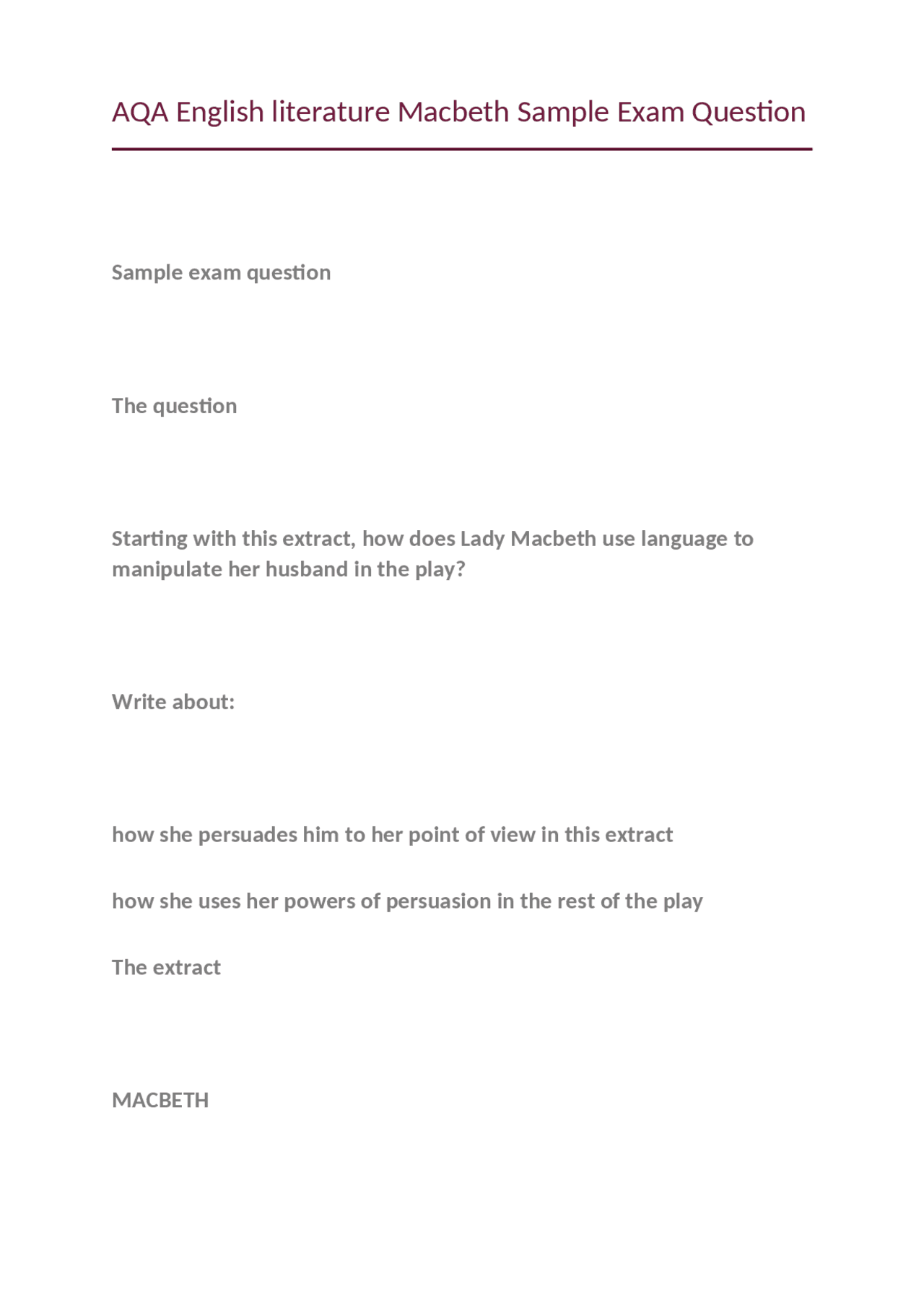 AQA English literature Macbeth Sample Exam Question - Docsity