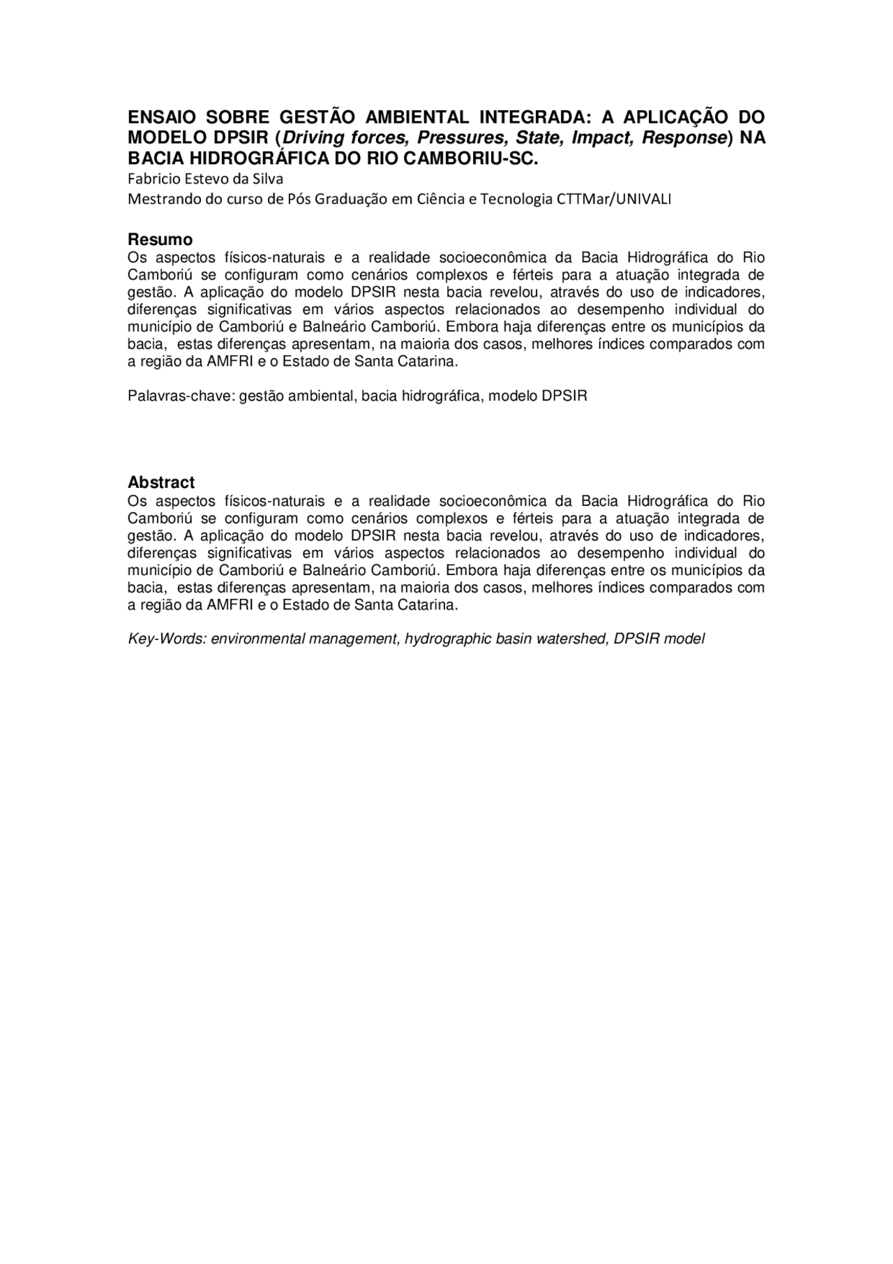 ENSAIO SOBRE GESTÃO AMBIENTAL INTEGRADA: A APLICAÇÃO DO MODELO DPSIR ...
