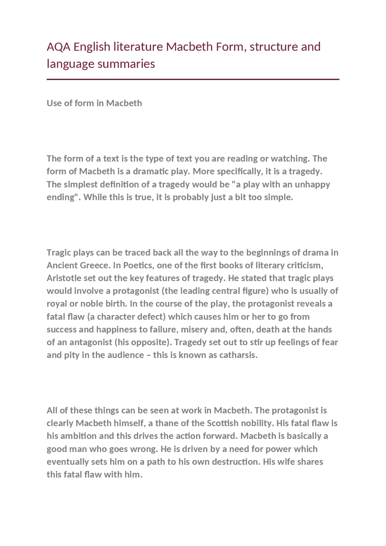 AQA English literature Macbeth Form, structure and language summaries ...
