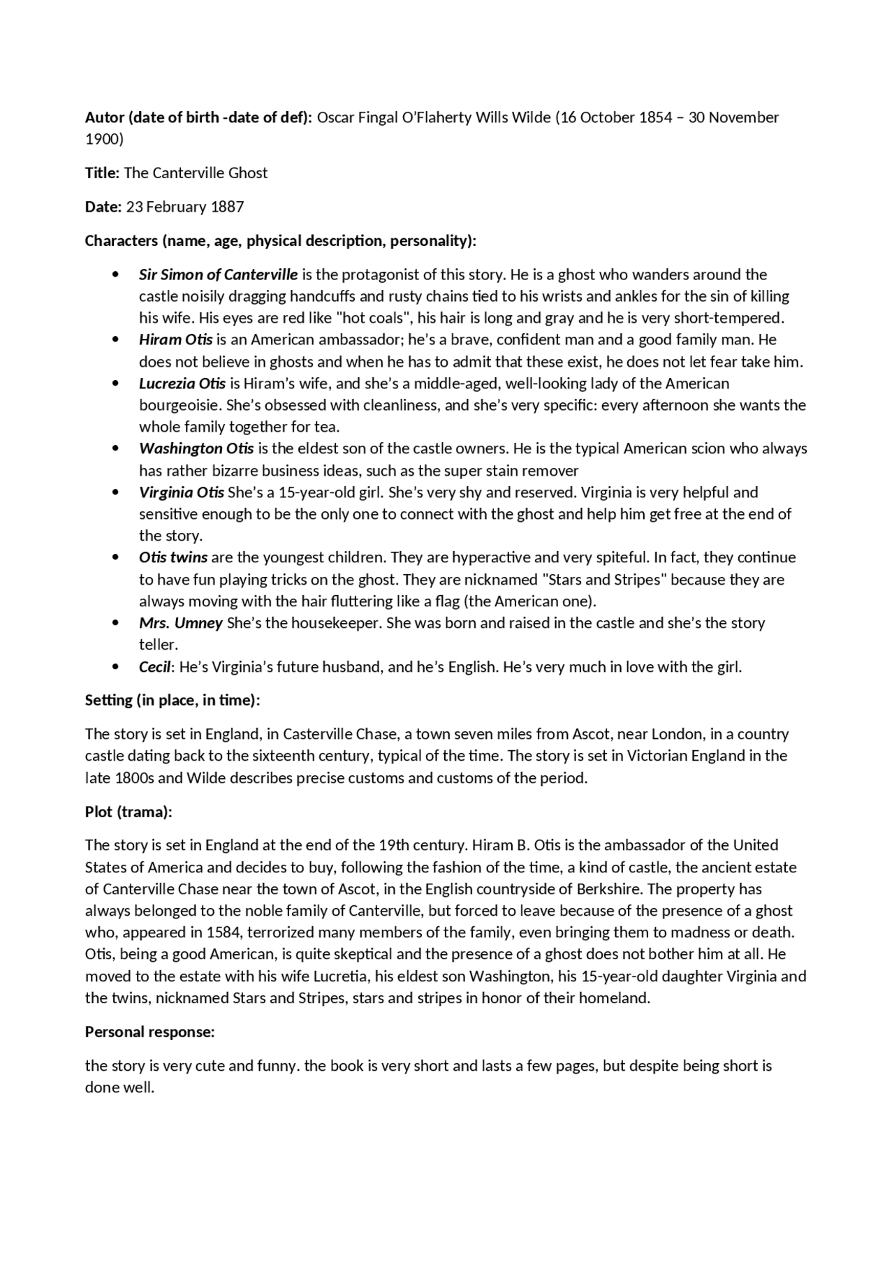 The Canterville Ghost - Docsity