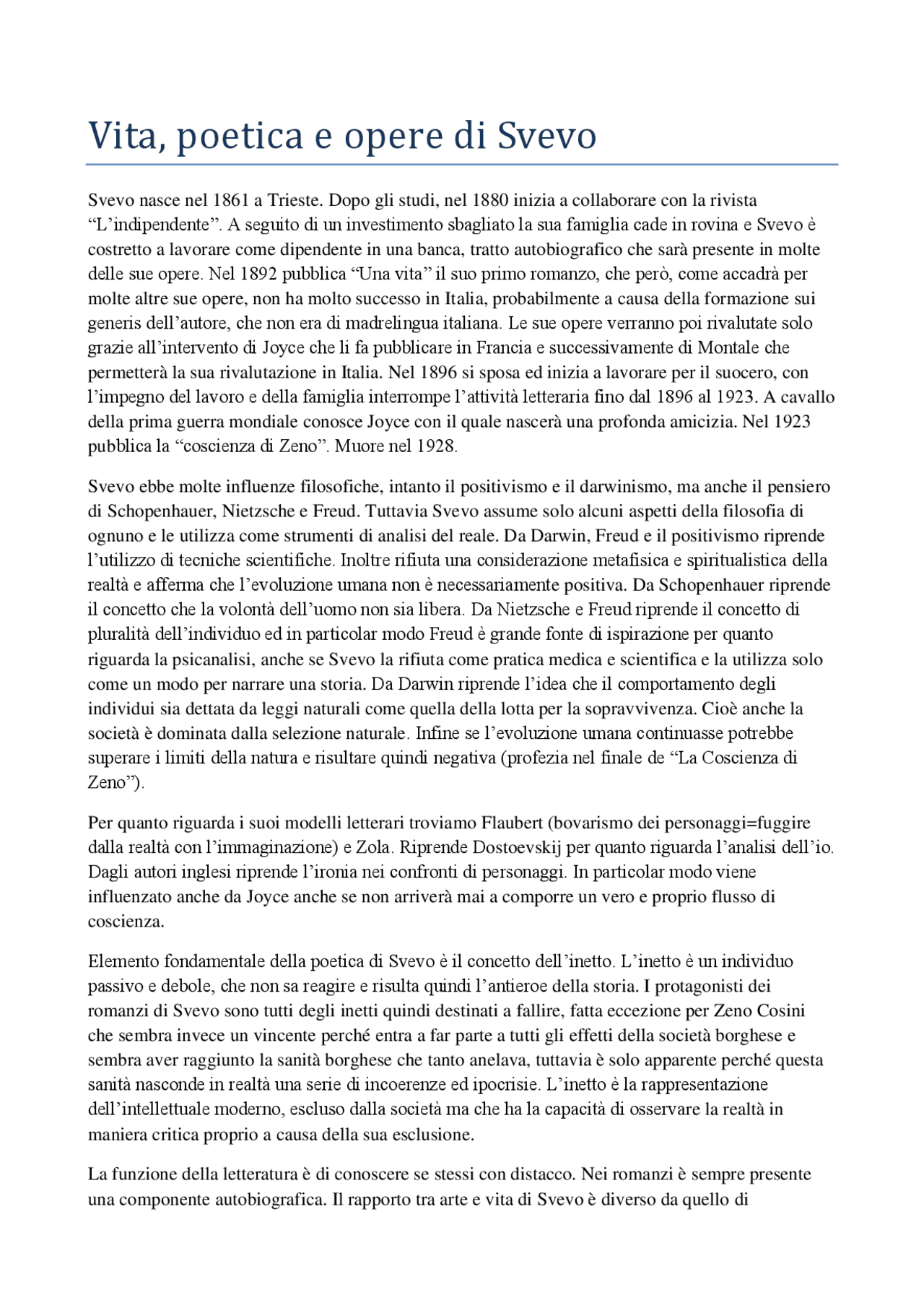 Vita, poetica e opere di Svevo - Docsity