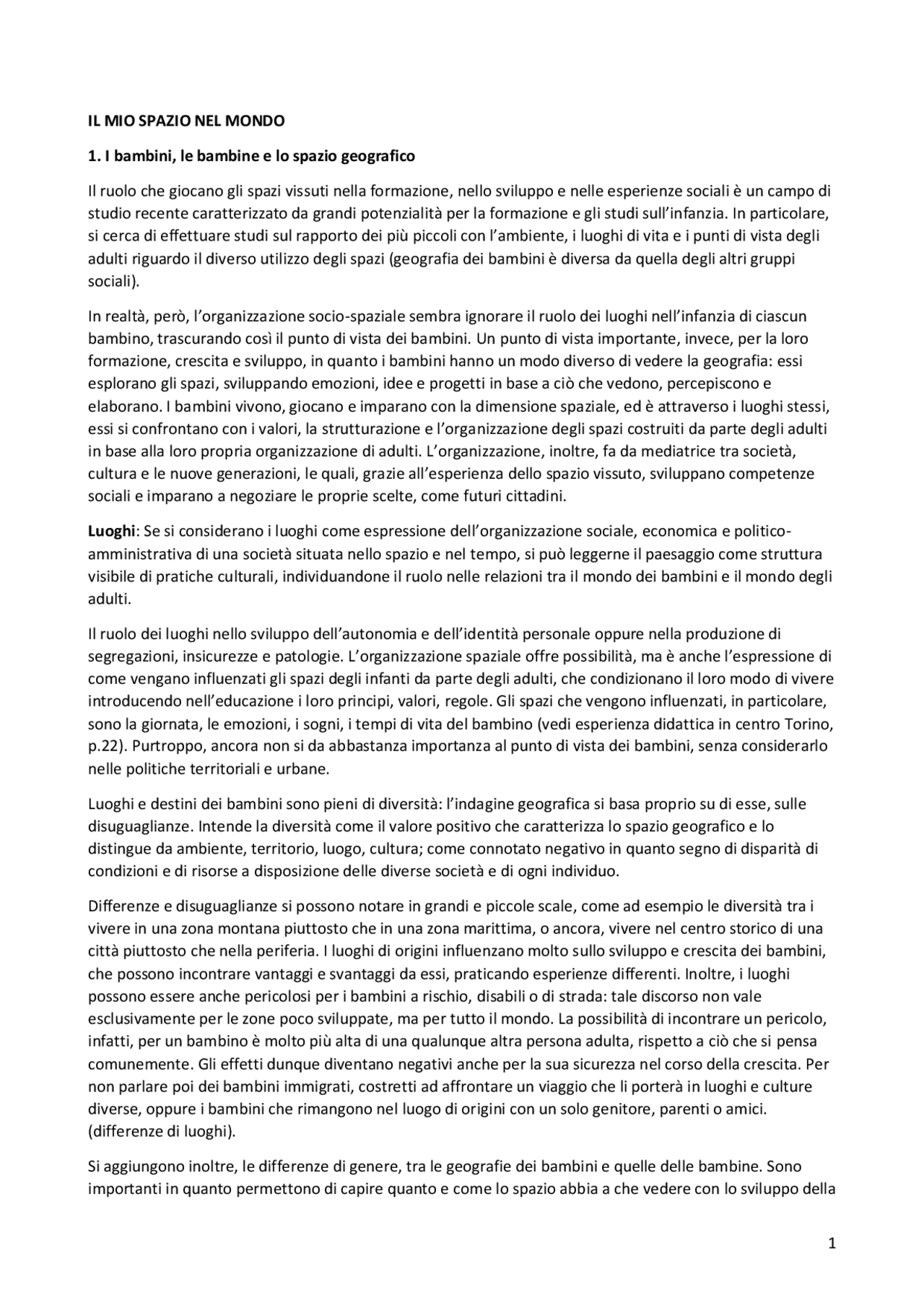 IL MIO SPAZIO NEL MONDO (riassunto) - Docsity