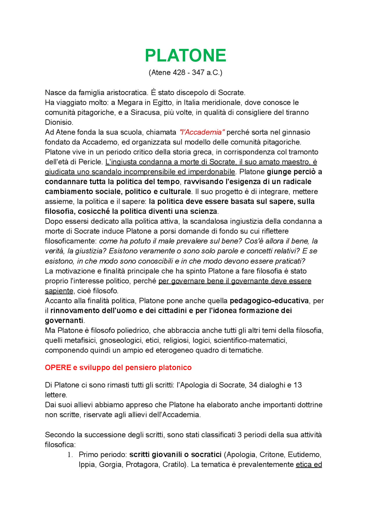Platone e la sua filosofia (completa) - Docsity