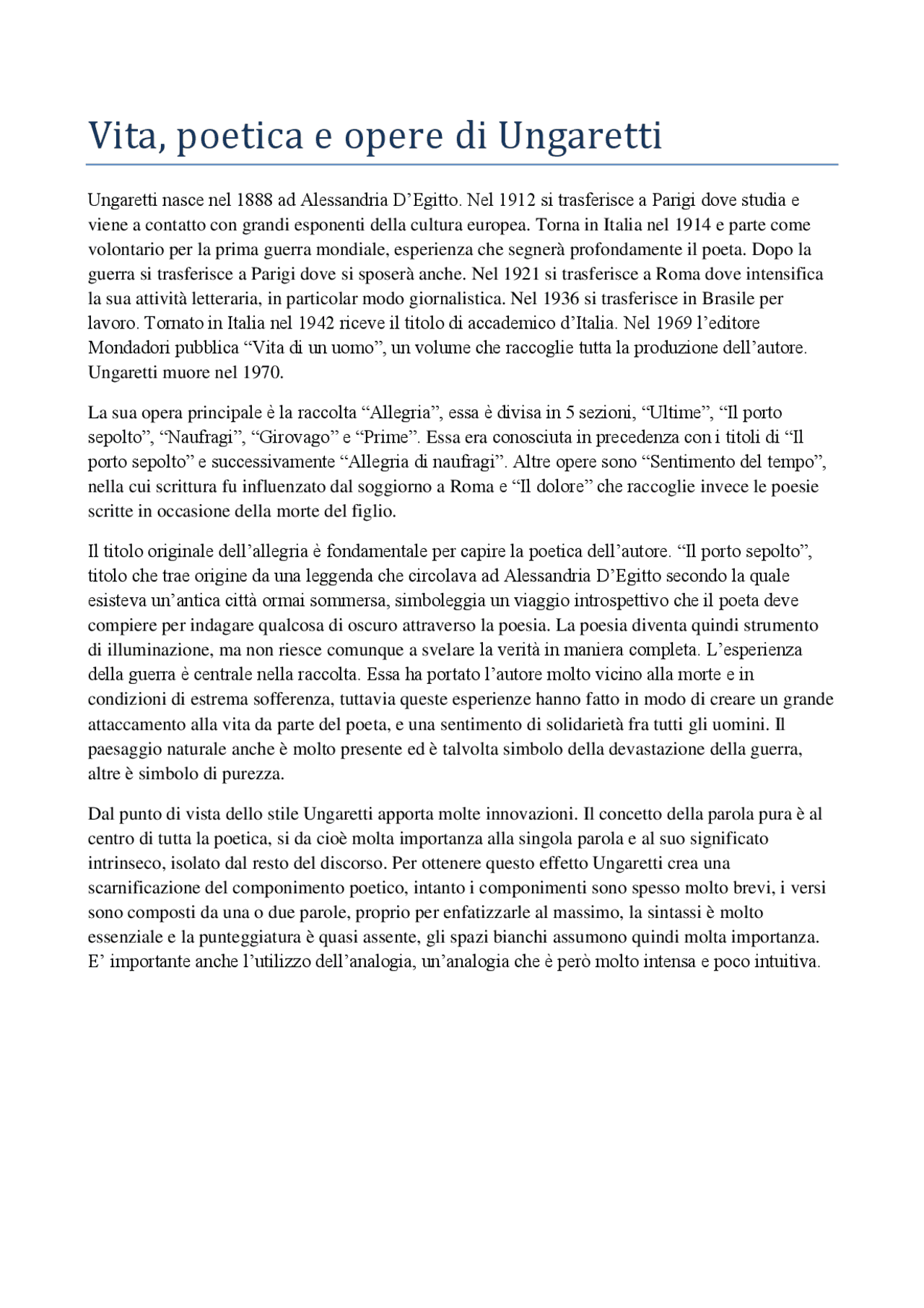 Vita, poetica e opere di Ungaretti - Docsity
