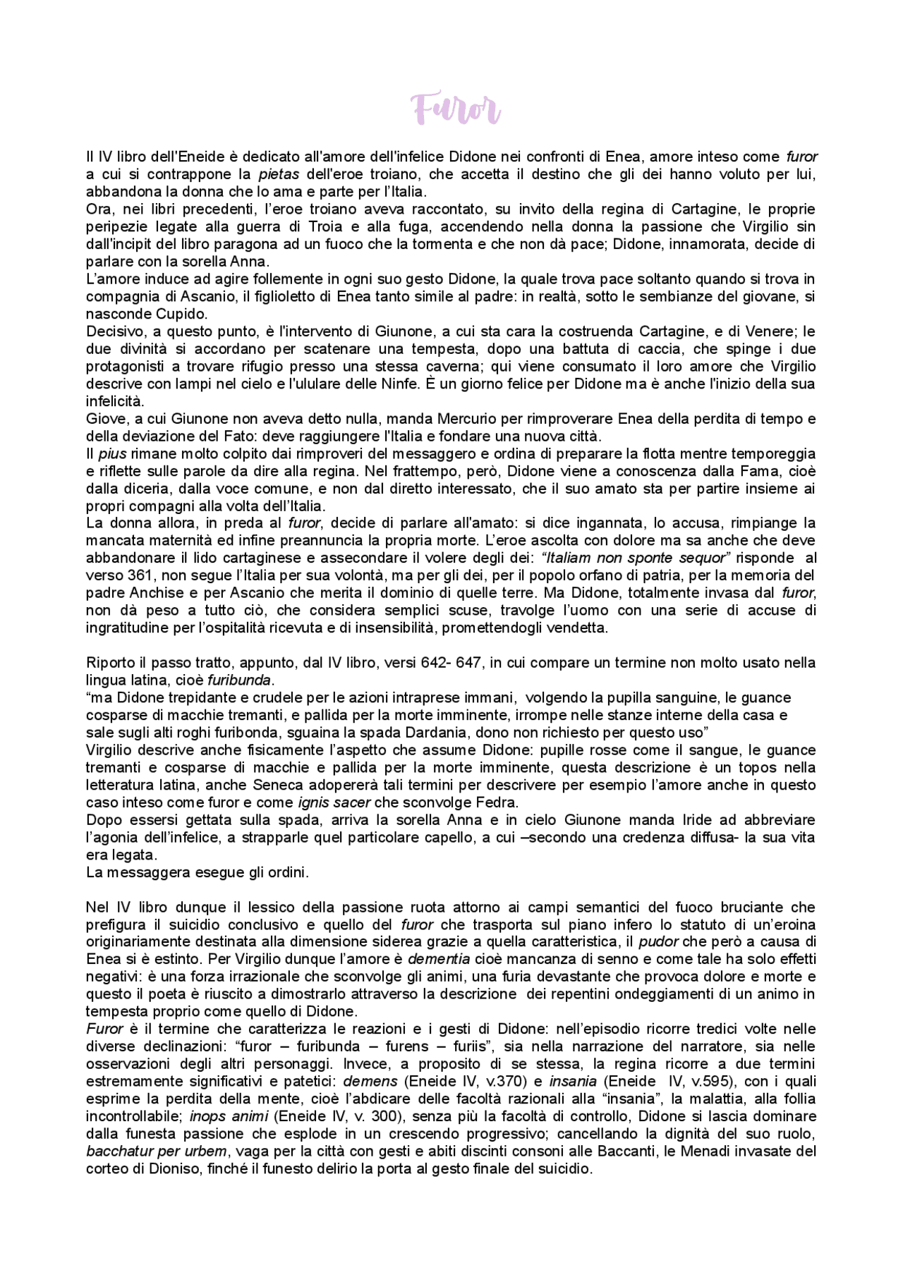 Furor nell'Eneide (IV libro) - Docsity