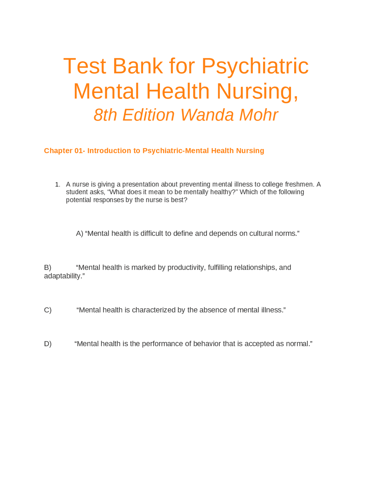 Test Bank for Psychiatric Mental Health Nursing 8th Edition Wanda ...
