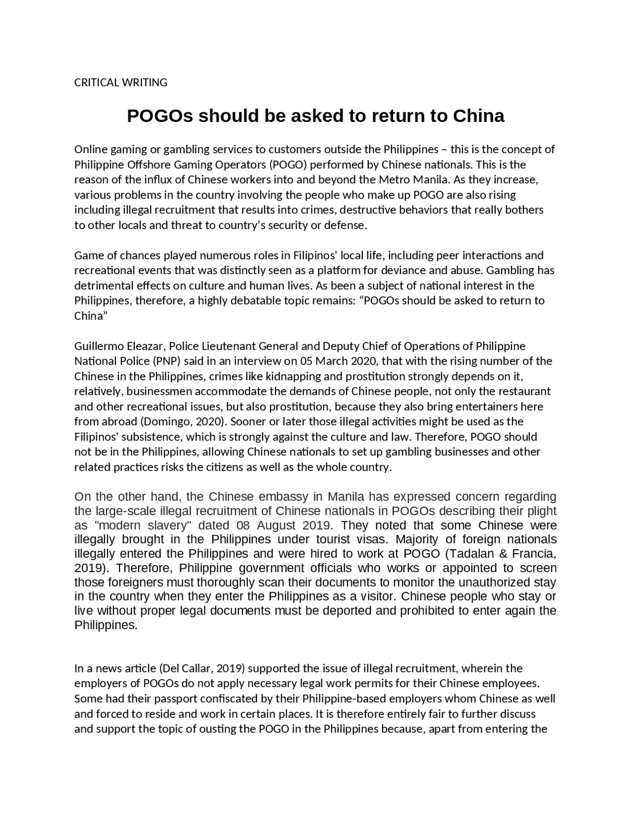 EXAMPLE OF CRITICAL WRITING - Docsity