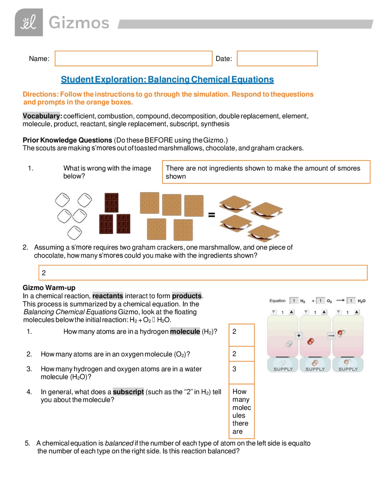 Gizmos Student Exploration Balancing Chemical Equations | Study Guides, Projects, Research ...