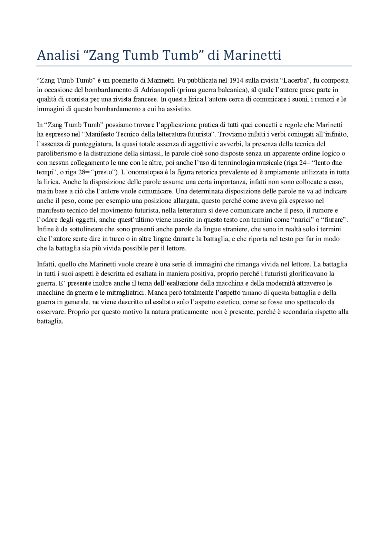 Analisi "Zang Tumb Tumb" di Marinetti - Docsity