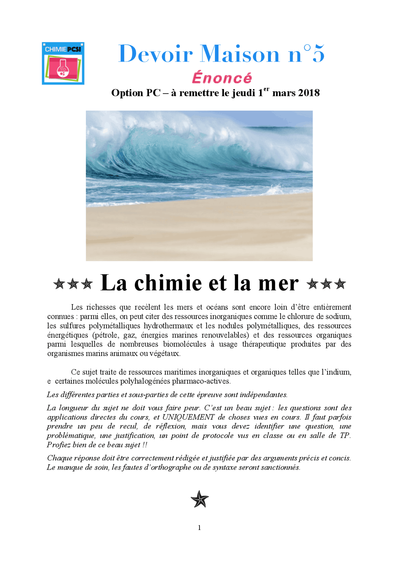 Devoir Maison N°5 La Chimie Et La Mer Docsity
