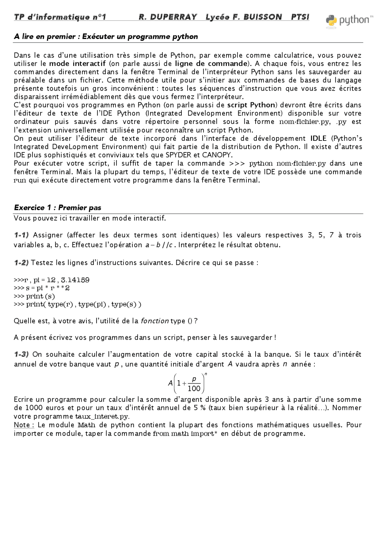 Exécuter un programme python Exercice 1 | Examens Informatique | Docsity
