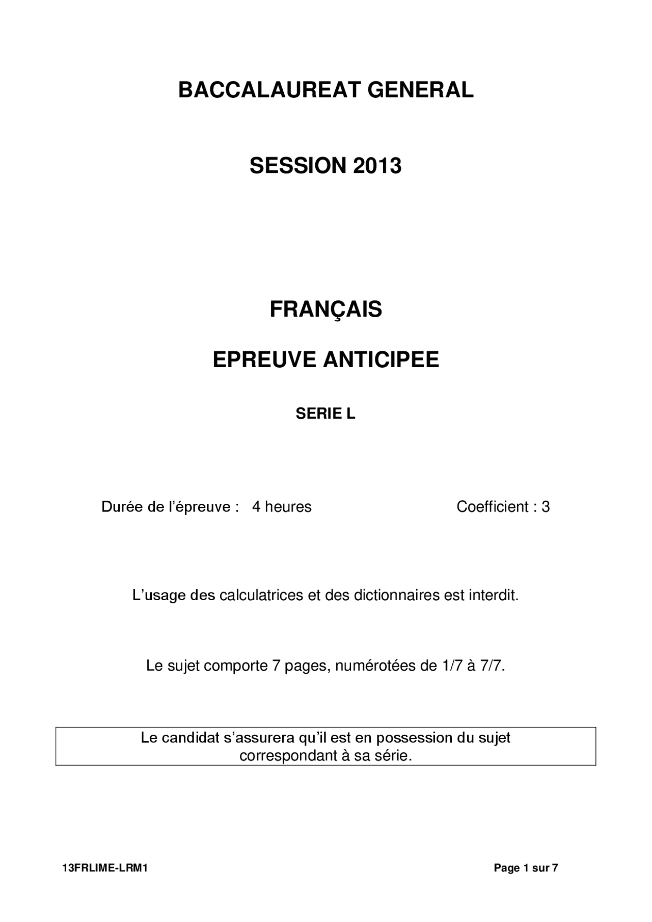 Sujet officiel complet du bac L Français (1ère) 2013 - Docsity