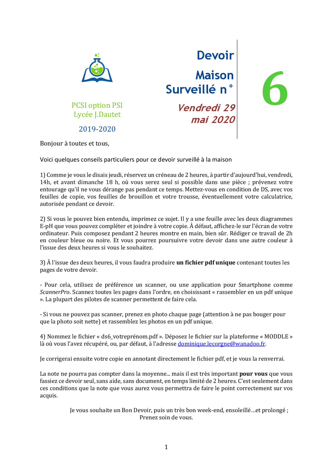 Devoir Maison Surveillé n° - Docsity