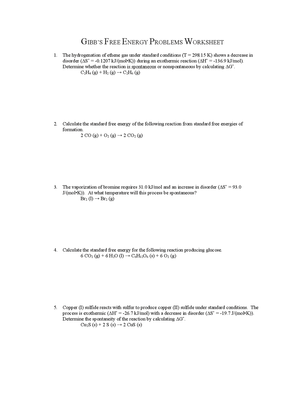 GIBB’S FREE ENERGY PROBLEMS WORKSHEET | Assignments Química | Docsity