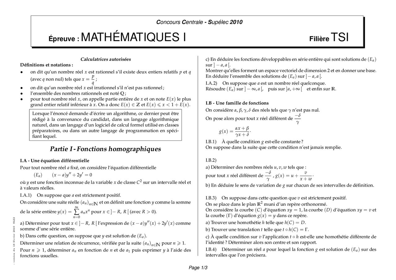 Épreuve MathÉmatiques I Filière Tsi Dissertation Mathématiques