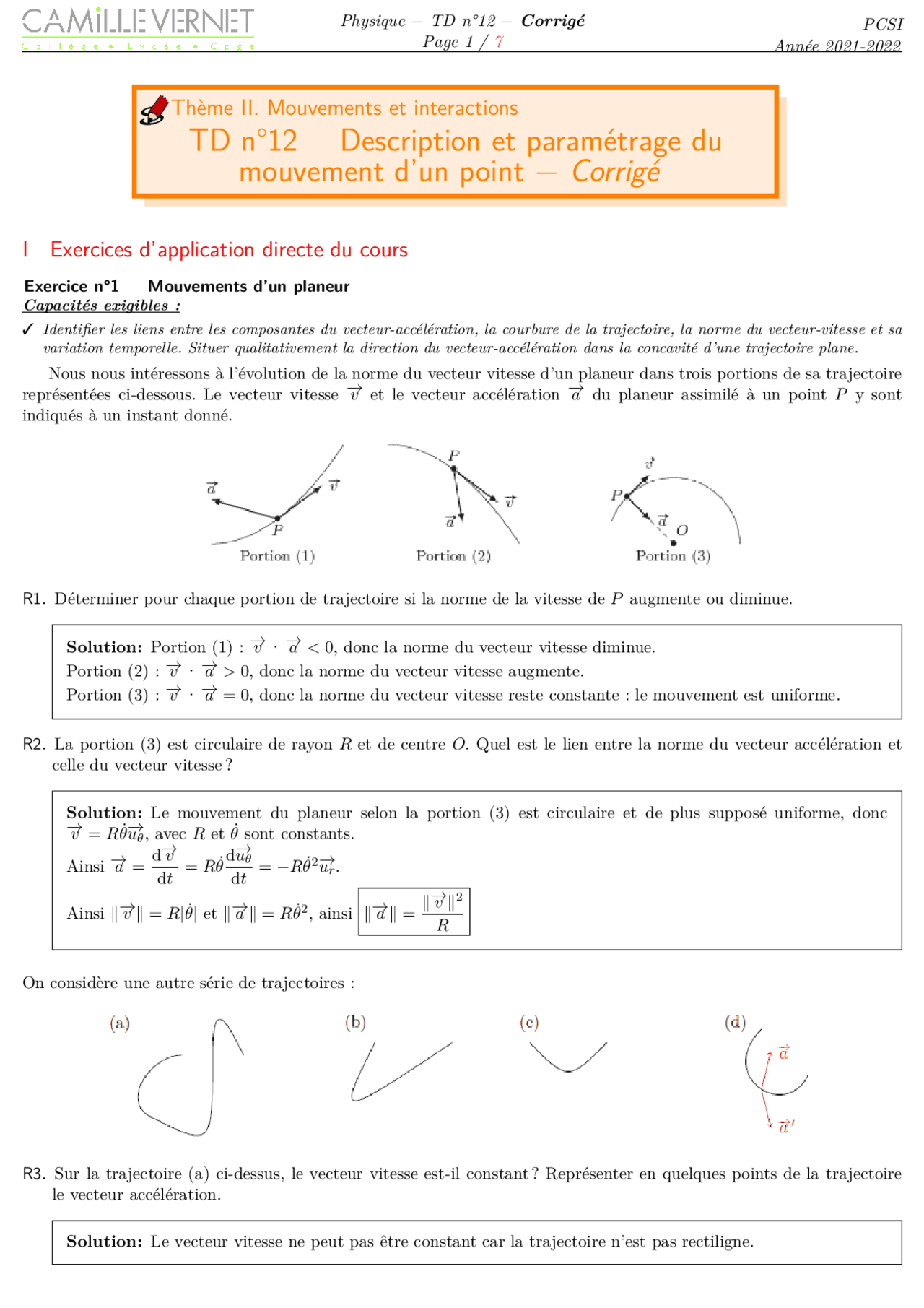 Td N°12 Description Et Paramétrage Du Mouvement Dun Point Notes