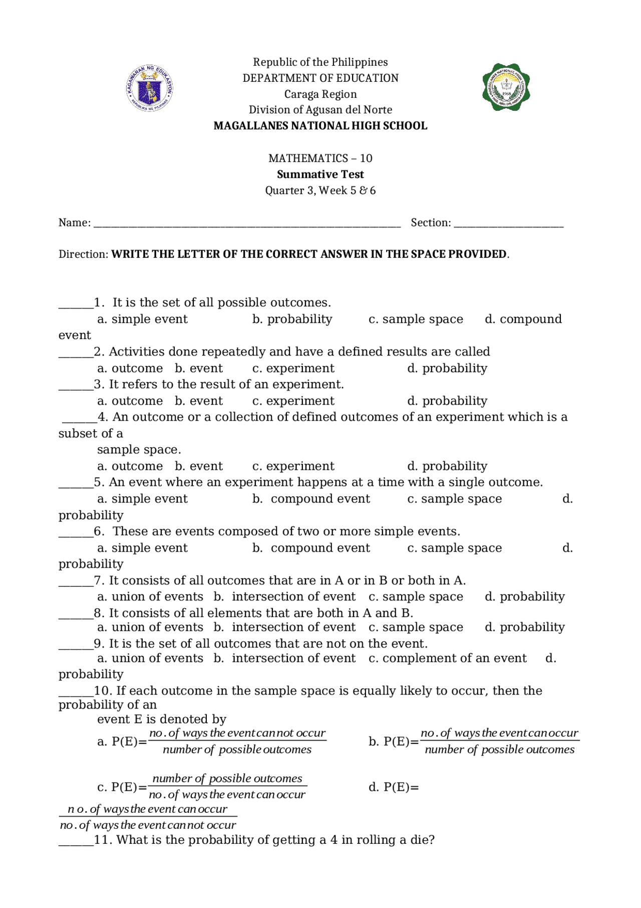 Math 10 Summative Exam Exams Mathematics Docsity