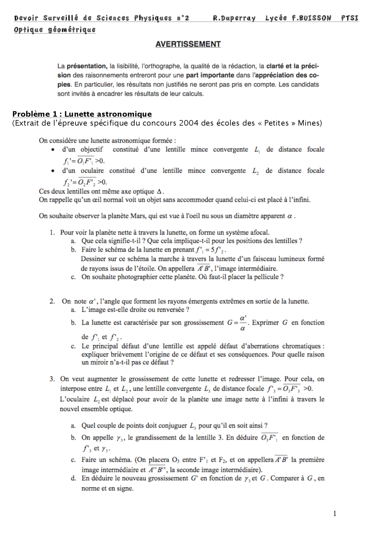 Devoir Surveillé De Sciences Physiques N°2 Rduperray Docsity