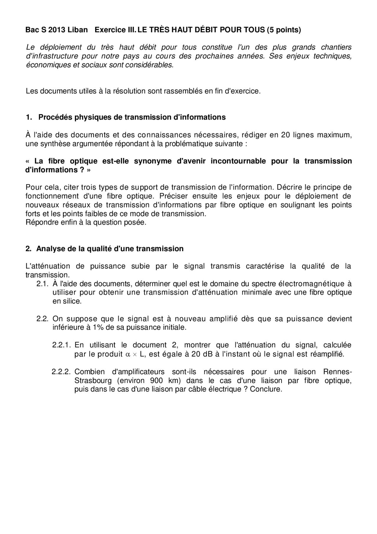 Exercice Iii Le Très Haut Débit Pour Tous 5 Points Lectures