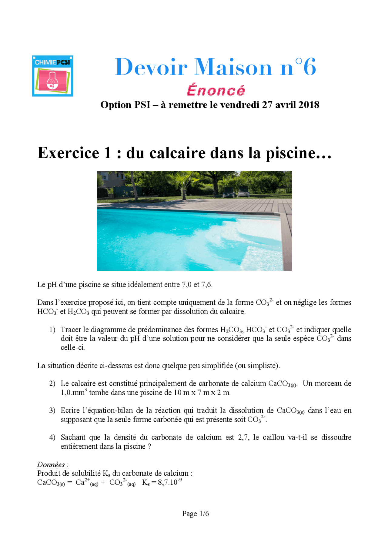 Devoir Maison N°6 Lectures Chimie Docsity