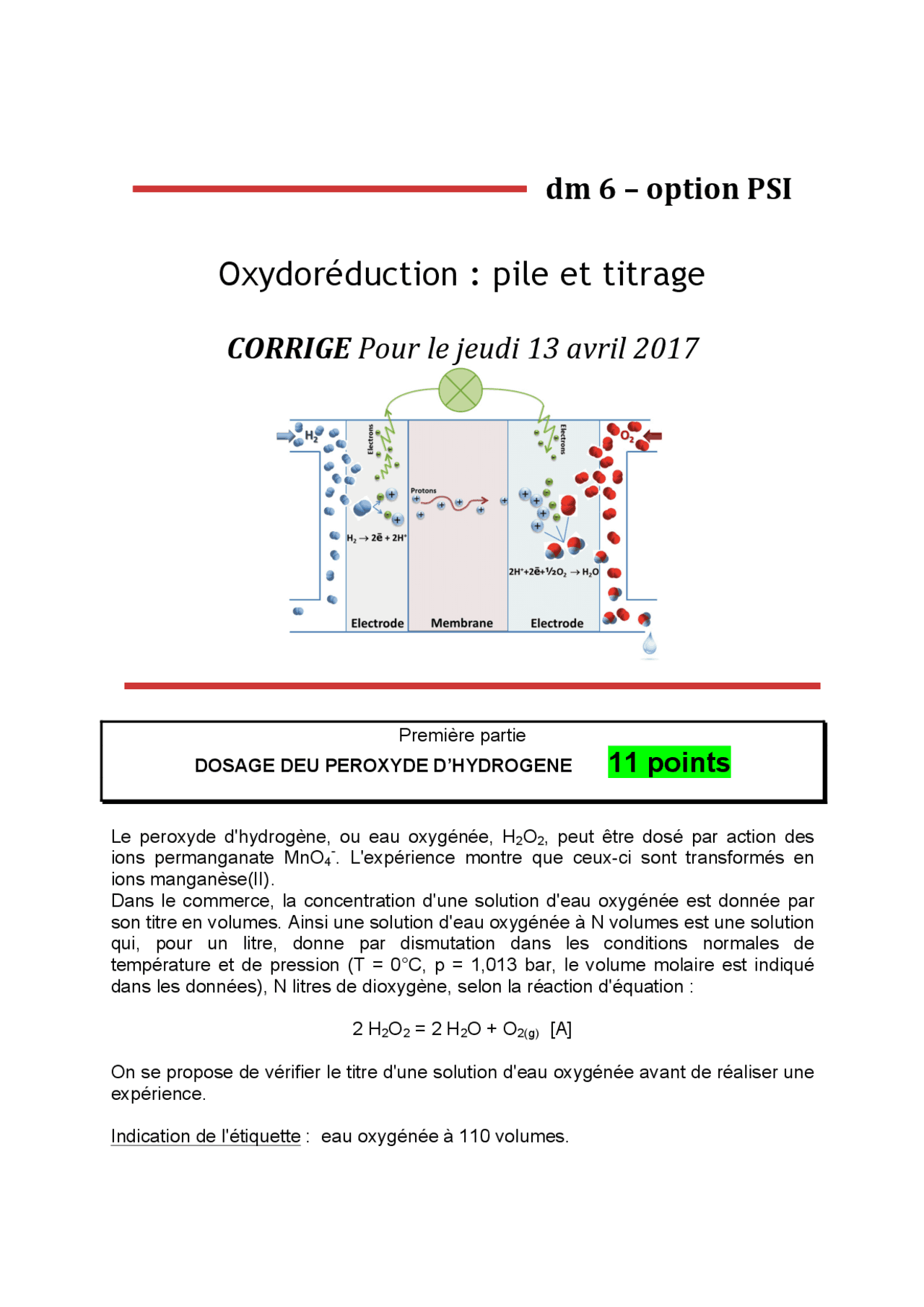 Oxydoréduction : pile et titrage - Docsity